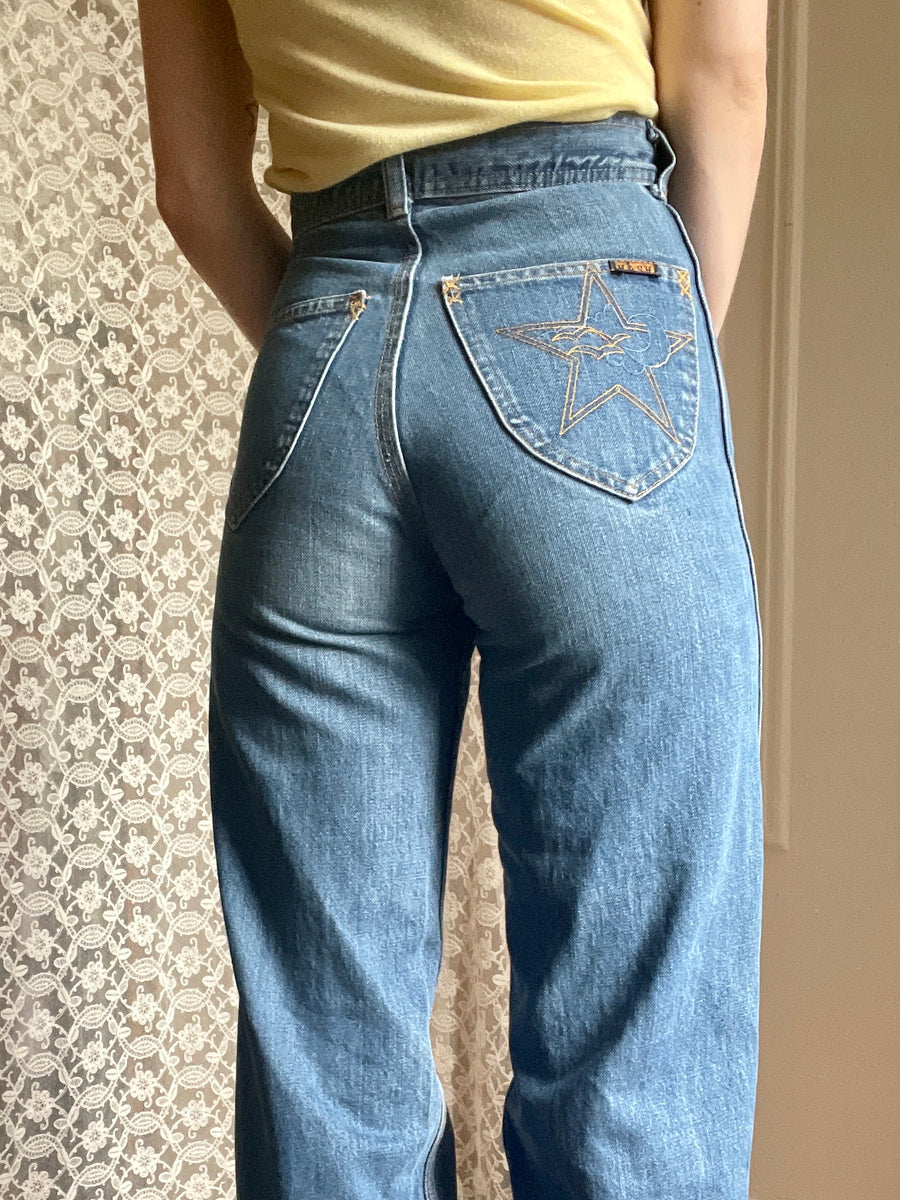 1970s Star Moon Embroidered Bell Bottom Jeans by Hash – Breath Of the Earth